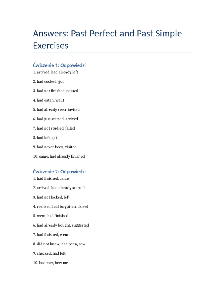 Answers Past Perfect Past Simple Exercises | PDF