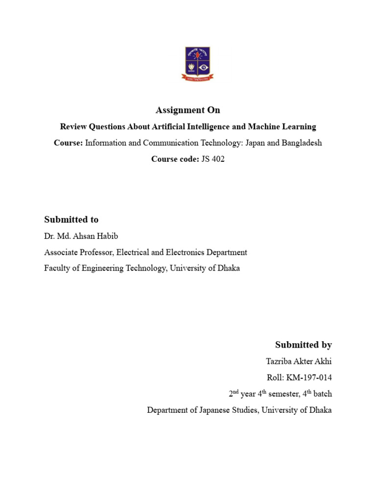 Assignment On: Review Questions About Artificial Intelligence and Machine Learning Course ...
