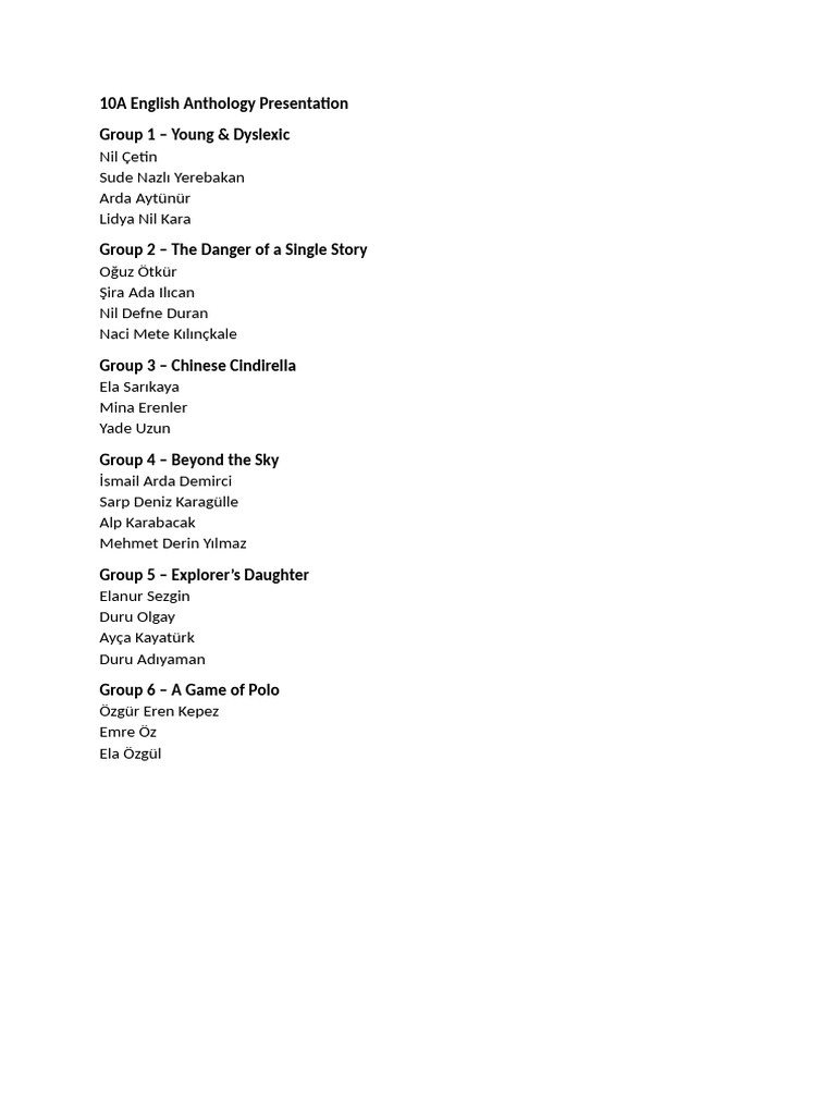 10A Anthology Presentation List | PDF