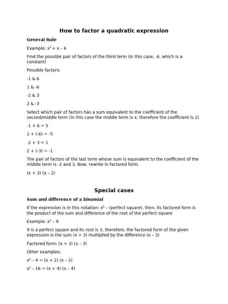 How To Factor A Quadratic Expression | PDF | Factorization | Quadratic ...