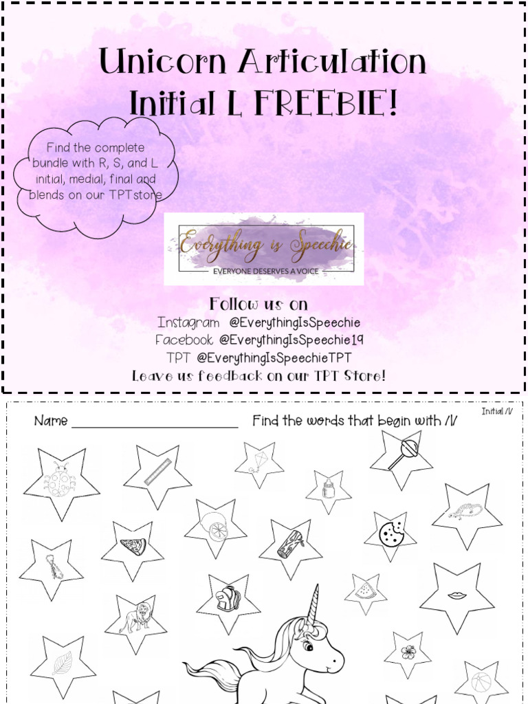 Freebie Initial LUnicorn Articulation Worksheet | PDF