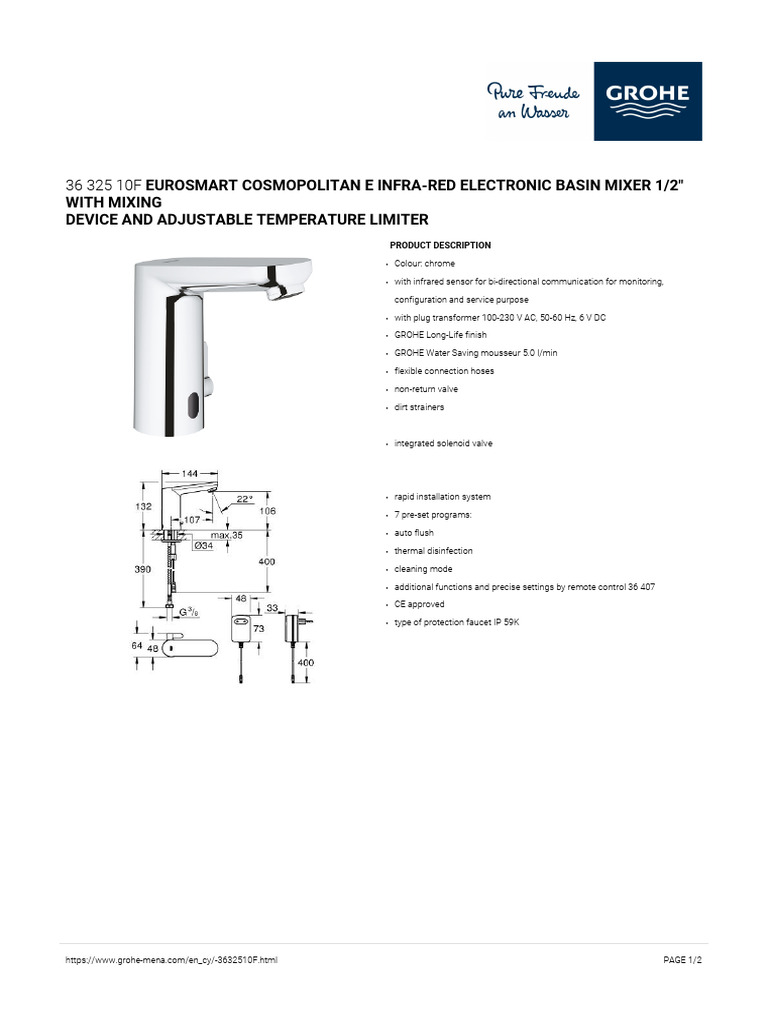 GROHE Specification Sheet 3632510F | PDF | Tap (Valve) | Infrared