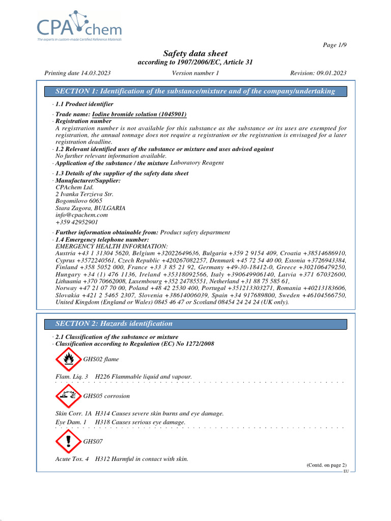 SD - Iodine Bromide Solution (1045901) (EU) | PDF | Occupational Safety ...