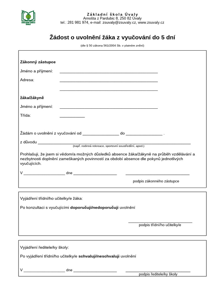 01 Zadost o Uvolneni Do 5 Dnu | PDF