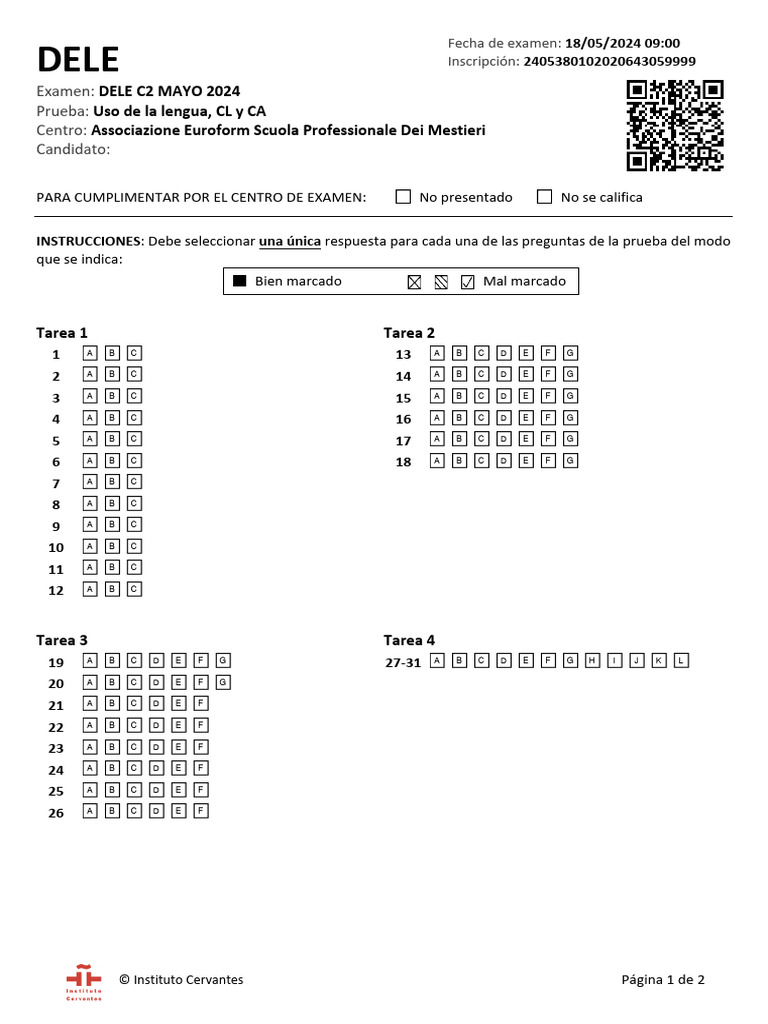 Dele C2 - Modelo de Hoja de Respuestas | PDF | Student Assessment And Evaluation | Standardized ...