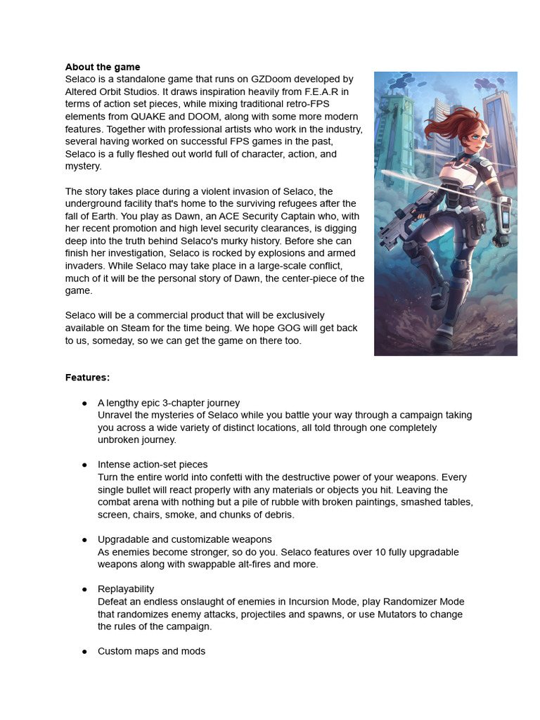 SELACO - Press Kit Document | PDF | Video Game Gameplay