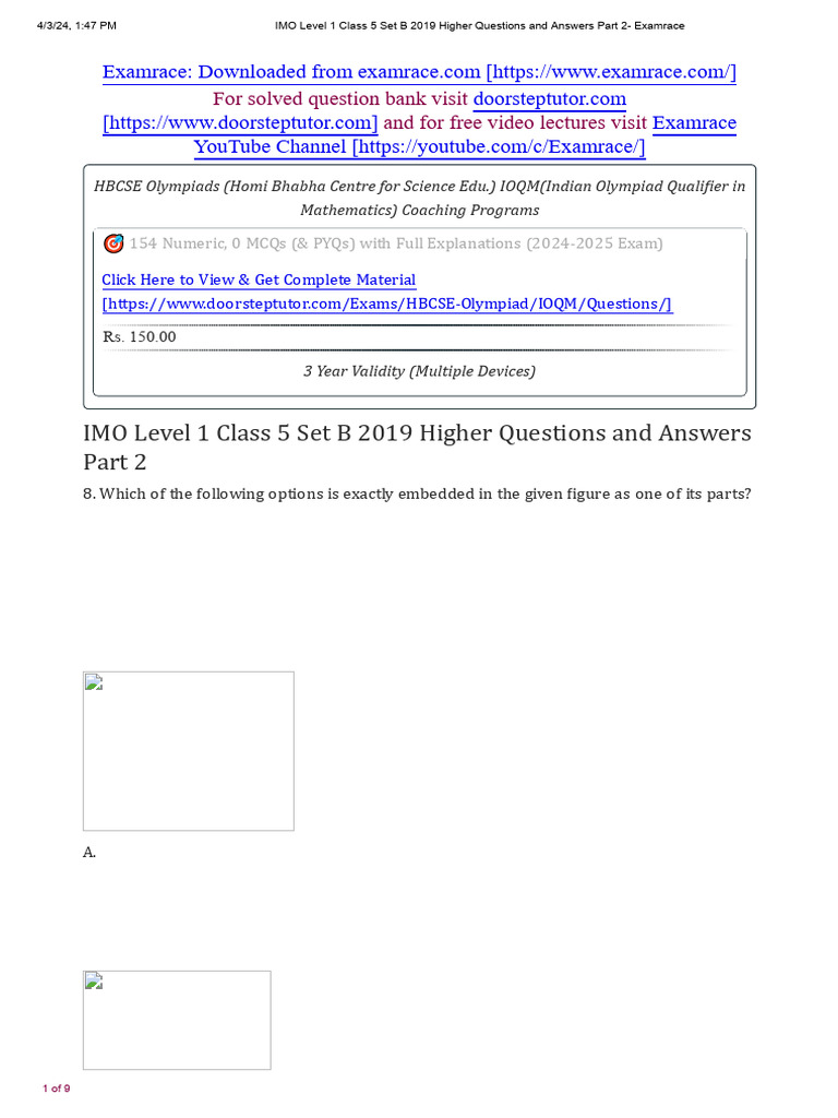 IMO Level 1 Class 5 Set B 2019 Part 2 | PDF