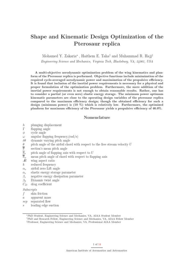 2014 - Shape and Kinematic Design Optimization of The Pterosaur Replica ...