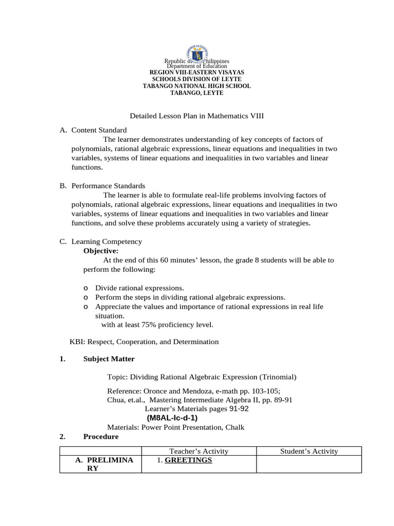 Detailed Lesson Plan in Mathematics VIII - Divide Trinomial 01 | PDF ... Detailed Lesson Plan in Mathematics VIII - Divide Trinomial 01 | PDF ...