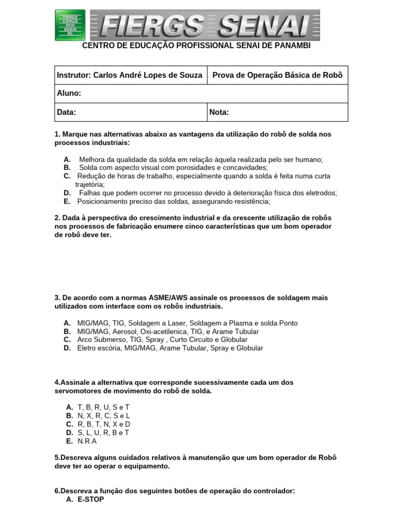 Prova de Operação | PDF | Robô | Robótica