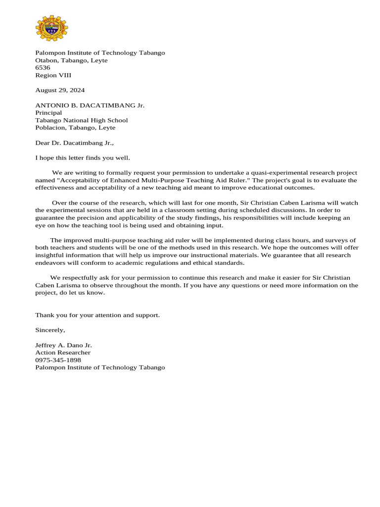 Letter For Action Research | PDF