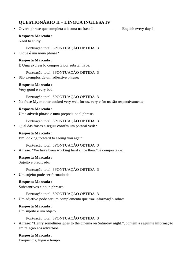 Questionário II - Língua Inglesa IV | PDF