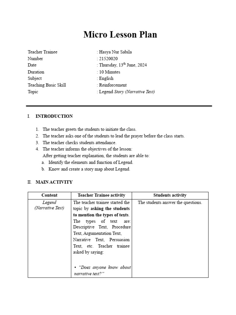 (HASYA) Microteaching Lesson Plan UAS Legend | PDF | Lesson Plan | Teachers