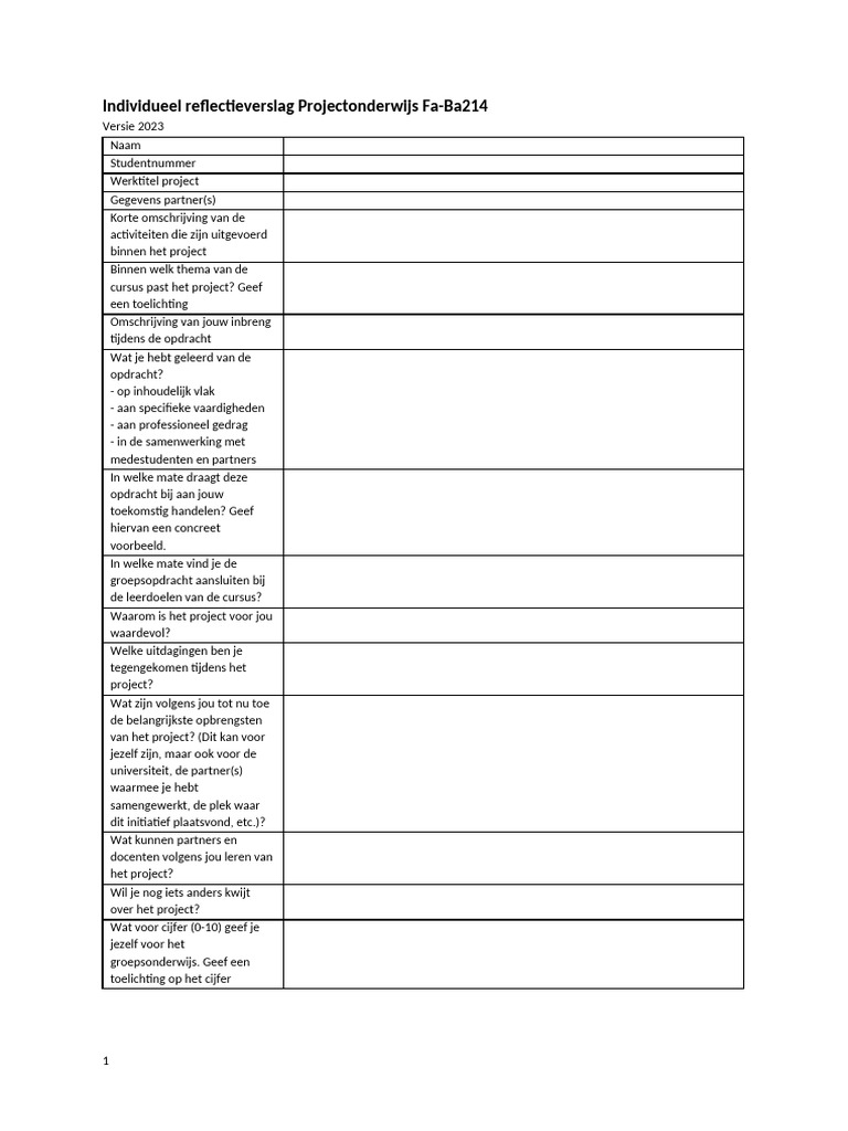 Fa-Ba214 - Projectonderwijs - Format Reflectie - 2023 | PDF