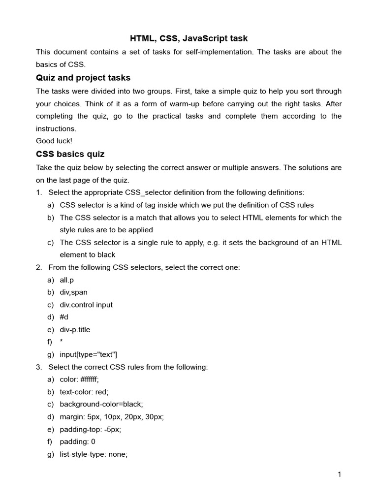 HTML, CSS, JavaScript Task | PDF | Html | Page Layout HTML, CSS, JavaScript Task | PDF | Html | Page Layout