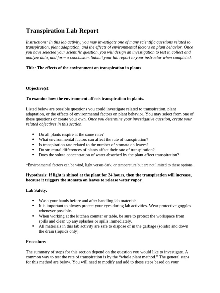 02 07 Transpiration Lab Report | PDF | Stoma | Water