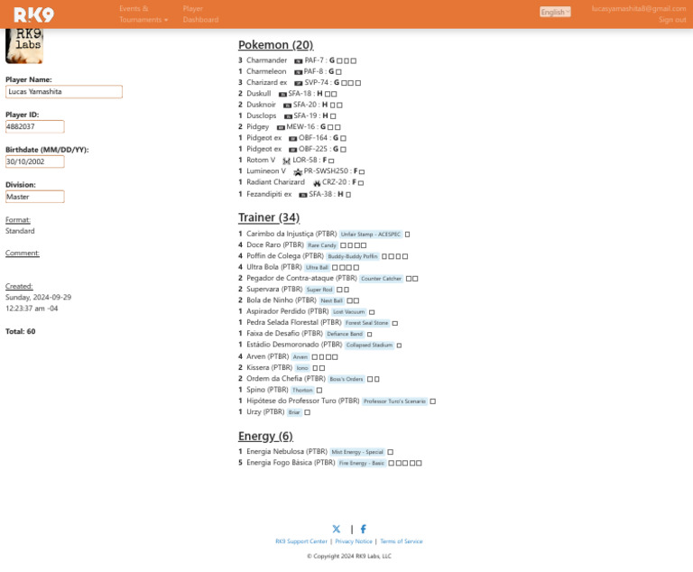 Lucas Yamashitadeck List - RK9 | PDF | Pokémon