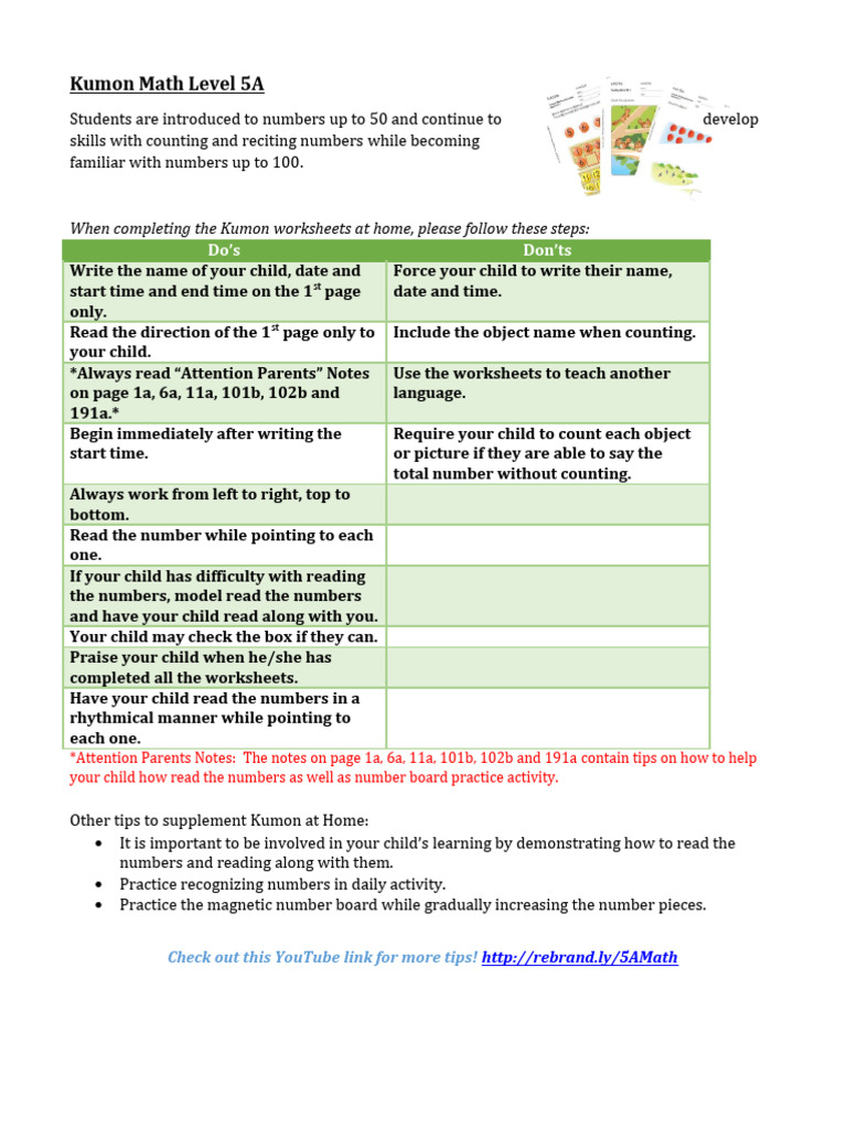 Kumon Math Level 5A Tip Sheet | PDF