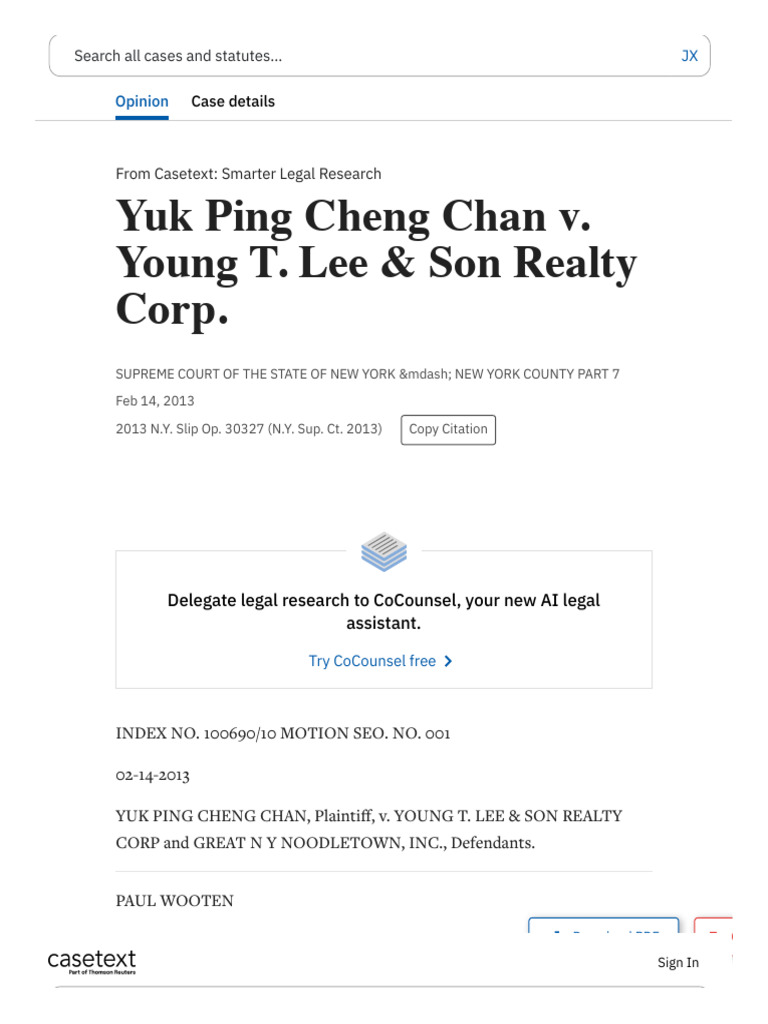 Yuk Ping Cheng Chan v. Young T. Lee & Son Realty Corp., 2013 N.Y. Slip Op. 30327 - Casetext ...