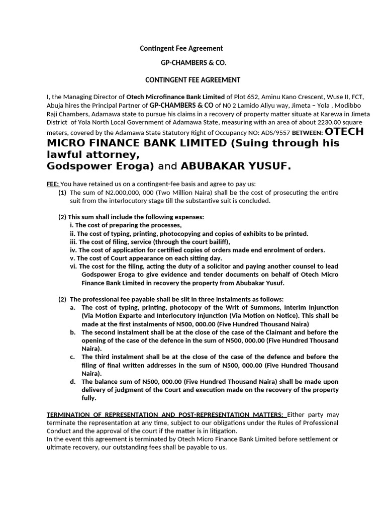 Contingent Fee Agreement in High Court Suit For OTECH MICROFINANCE BANK ...