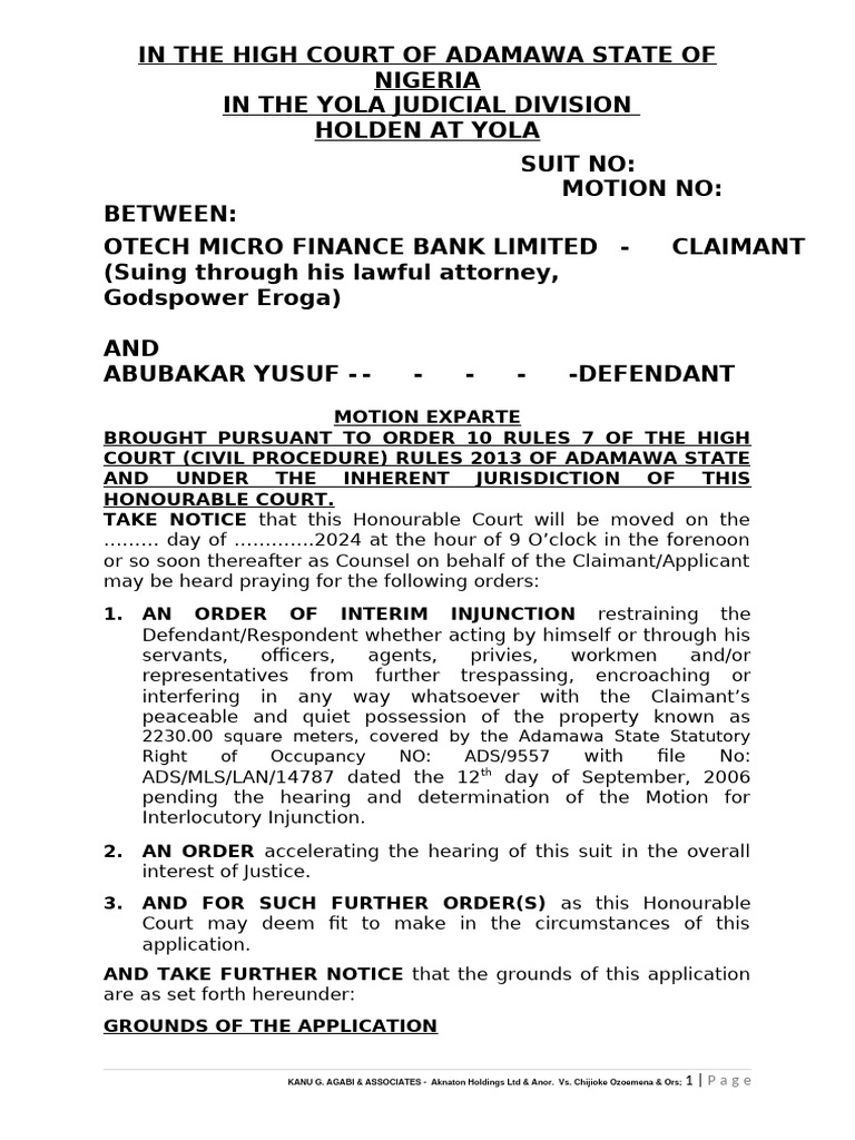 Motion Exparte For Interim Injunction OTECH | PDF | Lawsuit | Injunction