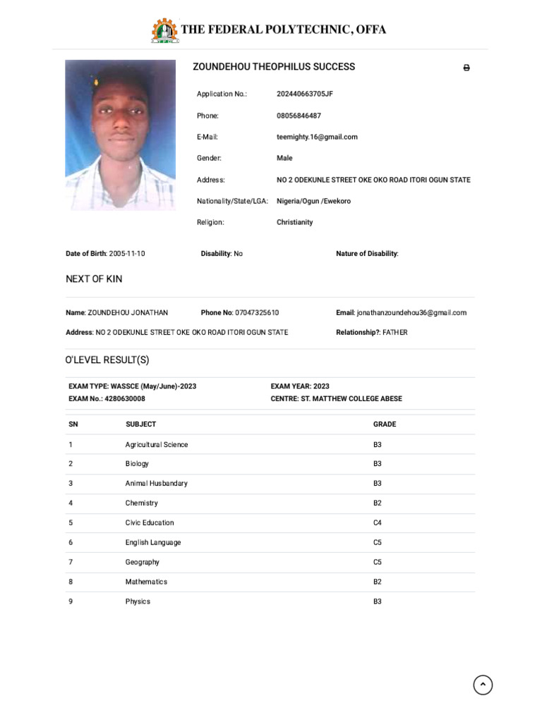 Zoundehou Theophilus O'Level Results 2023 | PDF