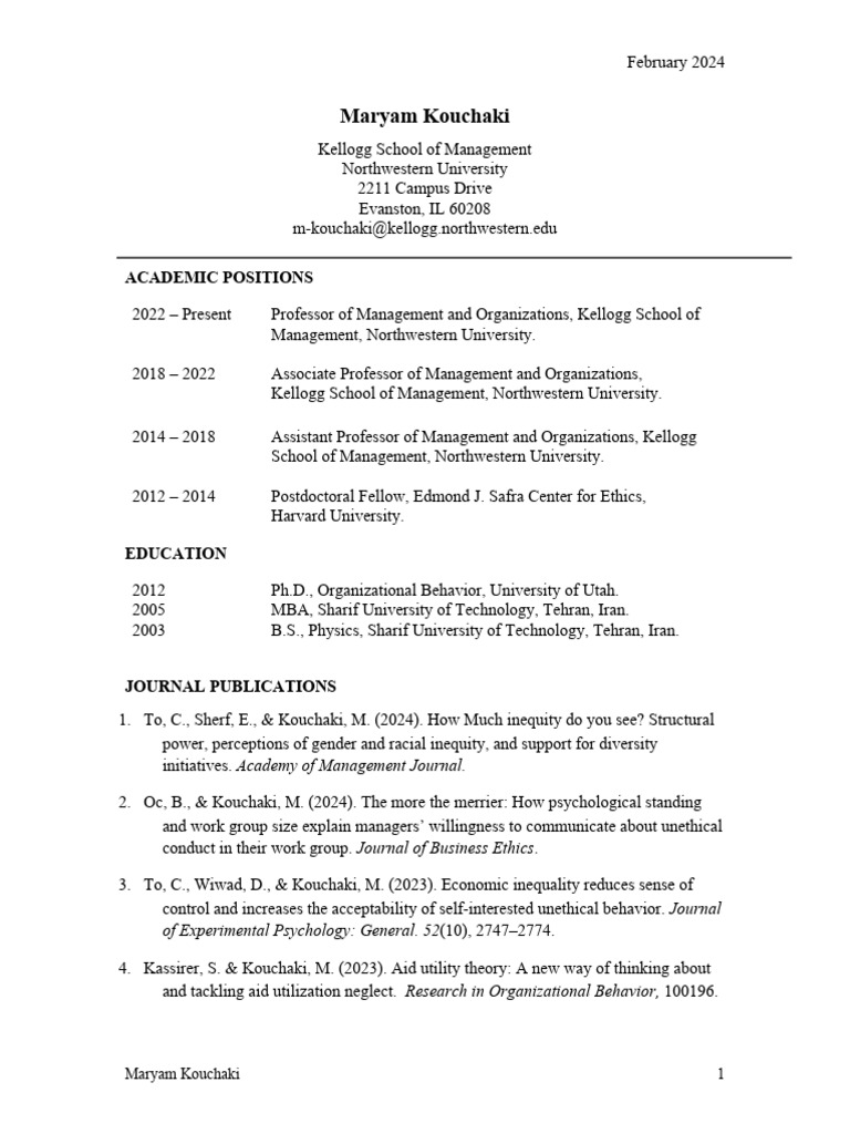 CV Kouchaki Maryam 022824 | PDF | Psychology | Morality