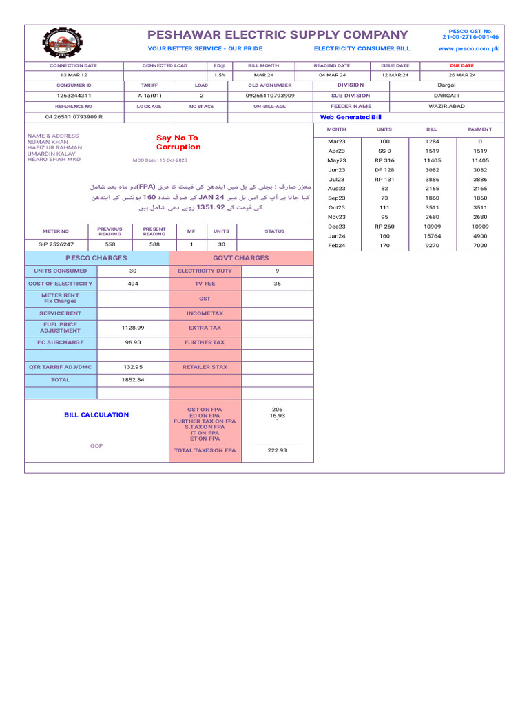 Pesco Online Bill | PDF