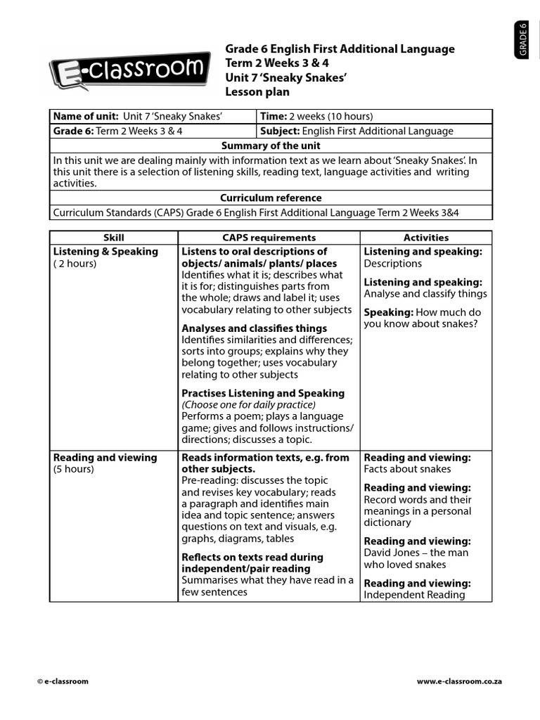Gr6 Efal t2 Wk34 Lesson Plan | PDF | Vocabulary | Snake