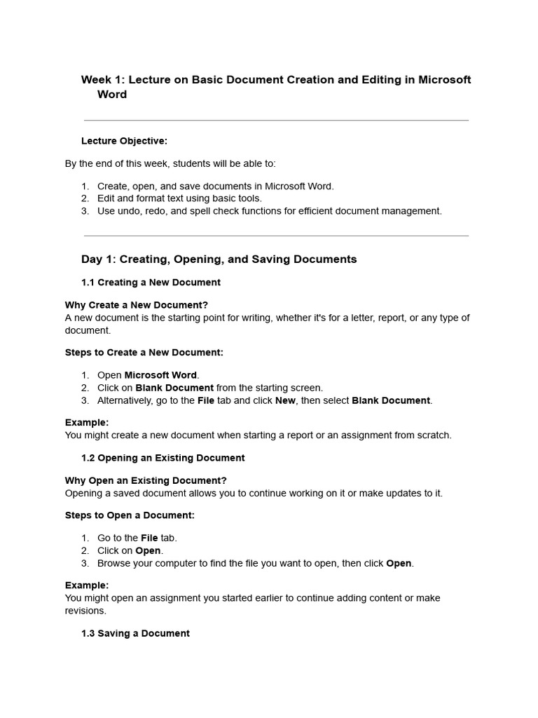 Week 1 - Lecture On Basic Document Creation and Editing in Microsoft ...