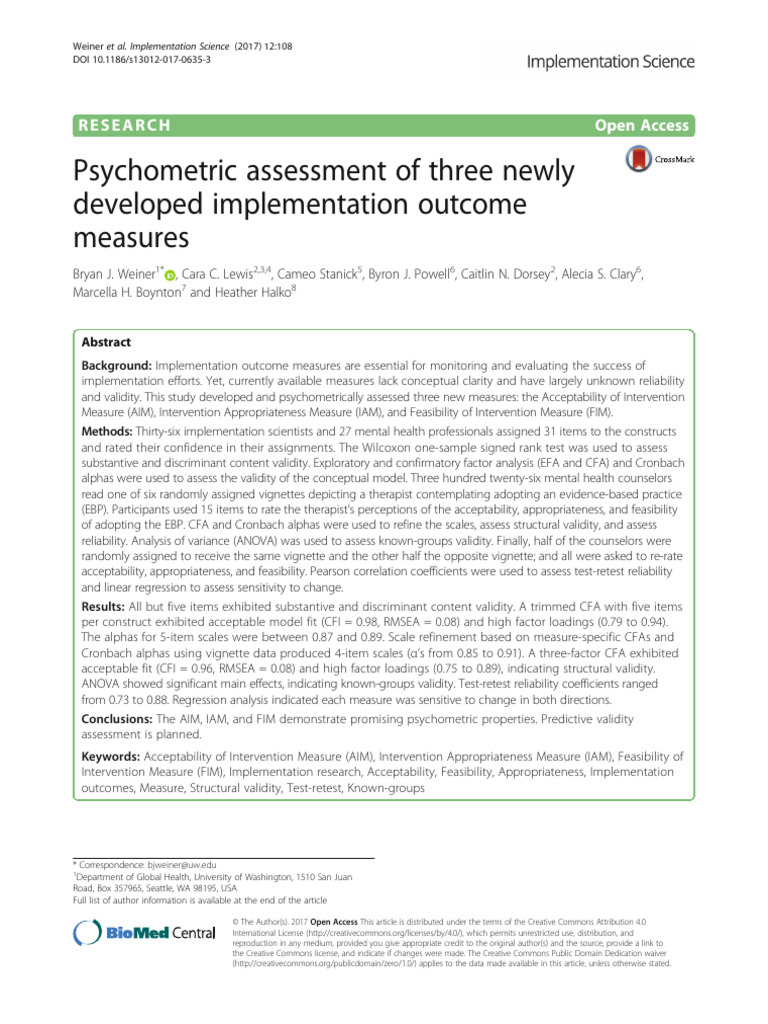 Psychometric Evaluation of New Outcome Measures | PDF | Validity ...