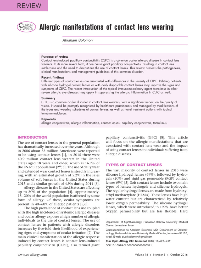 Allergic Manifestations of Contact Lens Wearing | PDF | Contact Lens ...