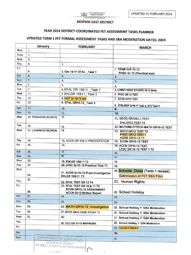 Updated 2024 FET Assessment and Moderation Planner 2024 | PDF
