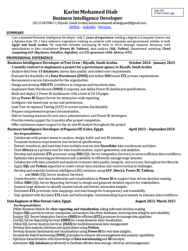 Karim Mohamed Diab - Business Intelligence Developer - CV - PDF 1001 | PDF | Data Warehouse ...