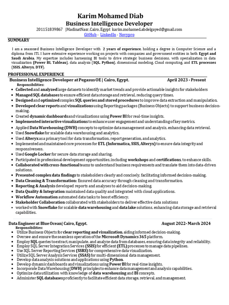 Business Intelligence Developer Resume | PDF | Data Warehouse | Databases