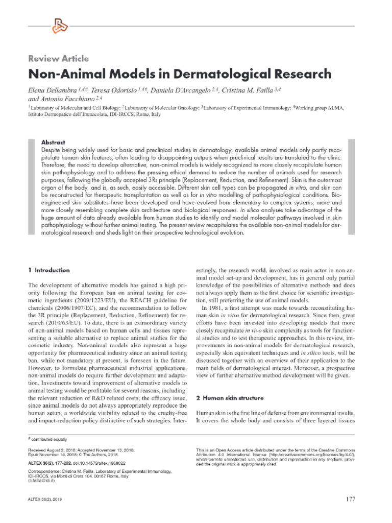 View of Non-Animal Models in Dermatological Research | PDF