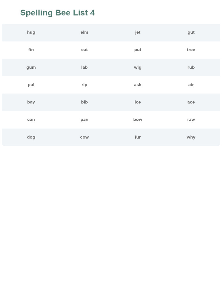 1st Grade Spelling Bee Words, - Spelling Bee List 4 | PDF