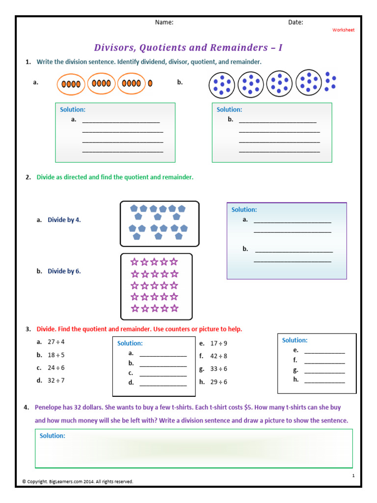 Divisors Quotients and Remainders - I | PDF | Division (Mathematics ...