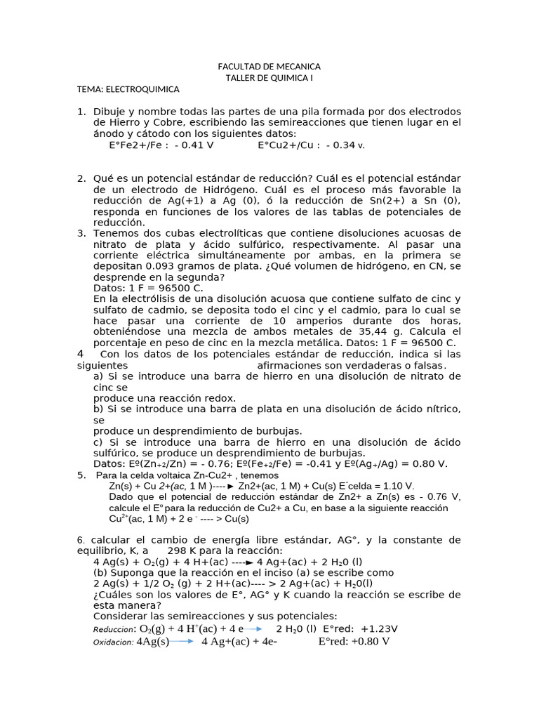 taller de electroquimica | PDF | Redox | Electroquímica