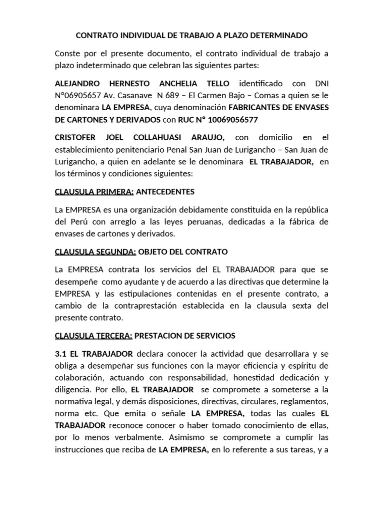 Contrato Individual de Trabajo A Plazo Determinado | PDF | Salario | Derecho laboral