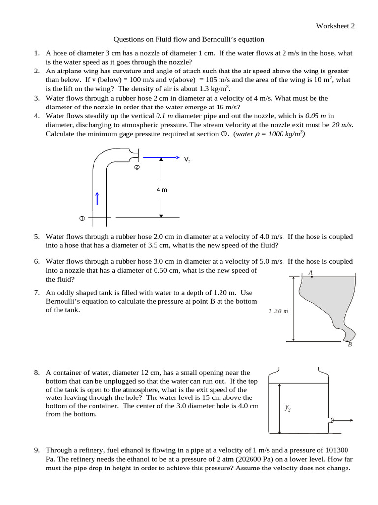 Physics - 10 - Unit2 - Mechanics of Liquids and Gases - Bernoulli'sEquation - WS2 | PDF ...