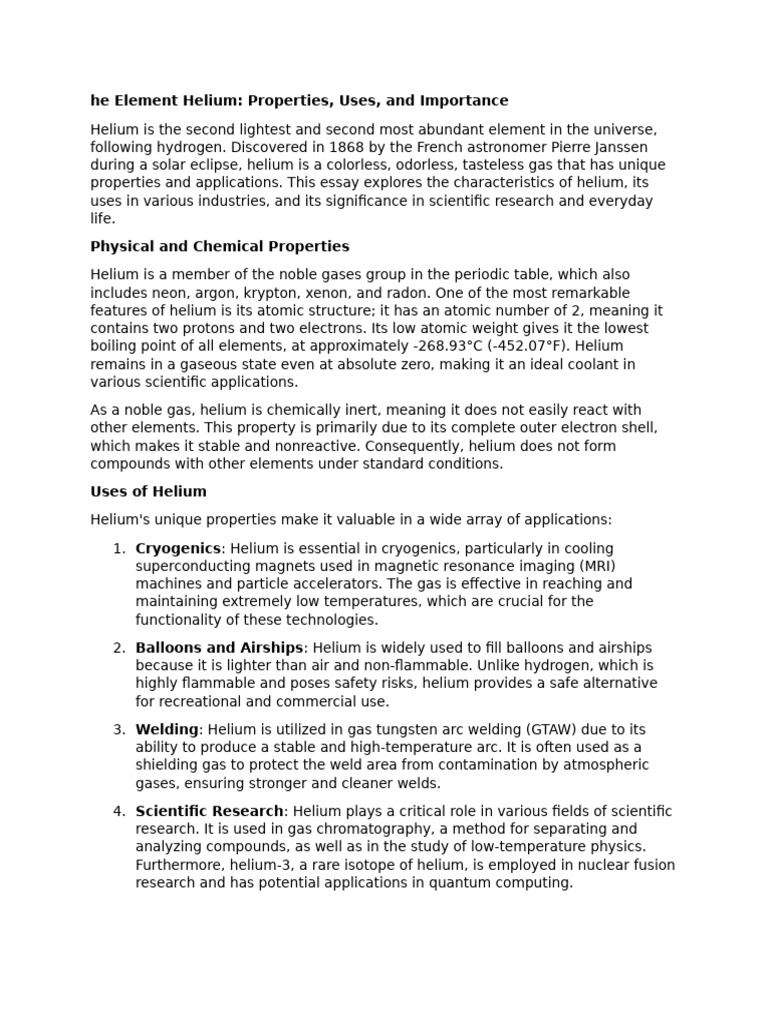 He Element Helium: Properties, Uses, and Importance | PDF | Helium ...