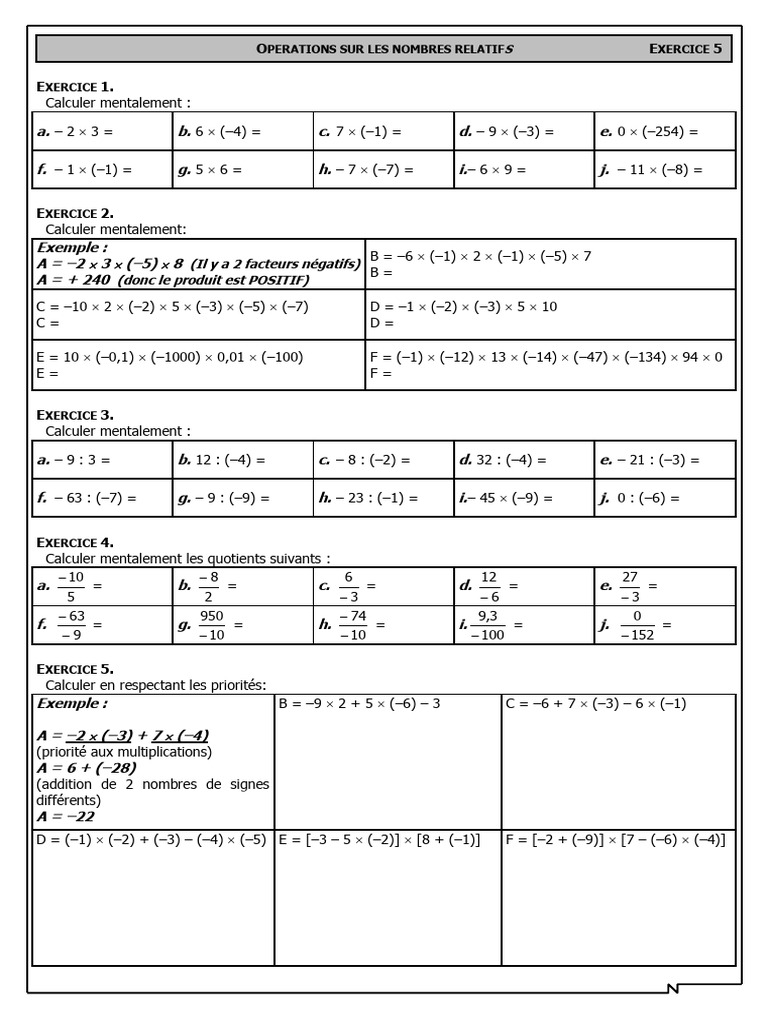 Exercices sur les Nombres Relatifs 4ème | PDF