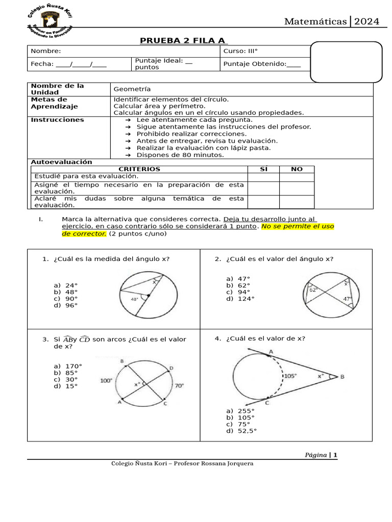 Prueba 2 Círculo FILA A | PDF | Geometría Elemental | Geometría analítica