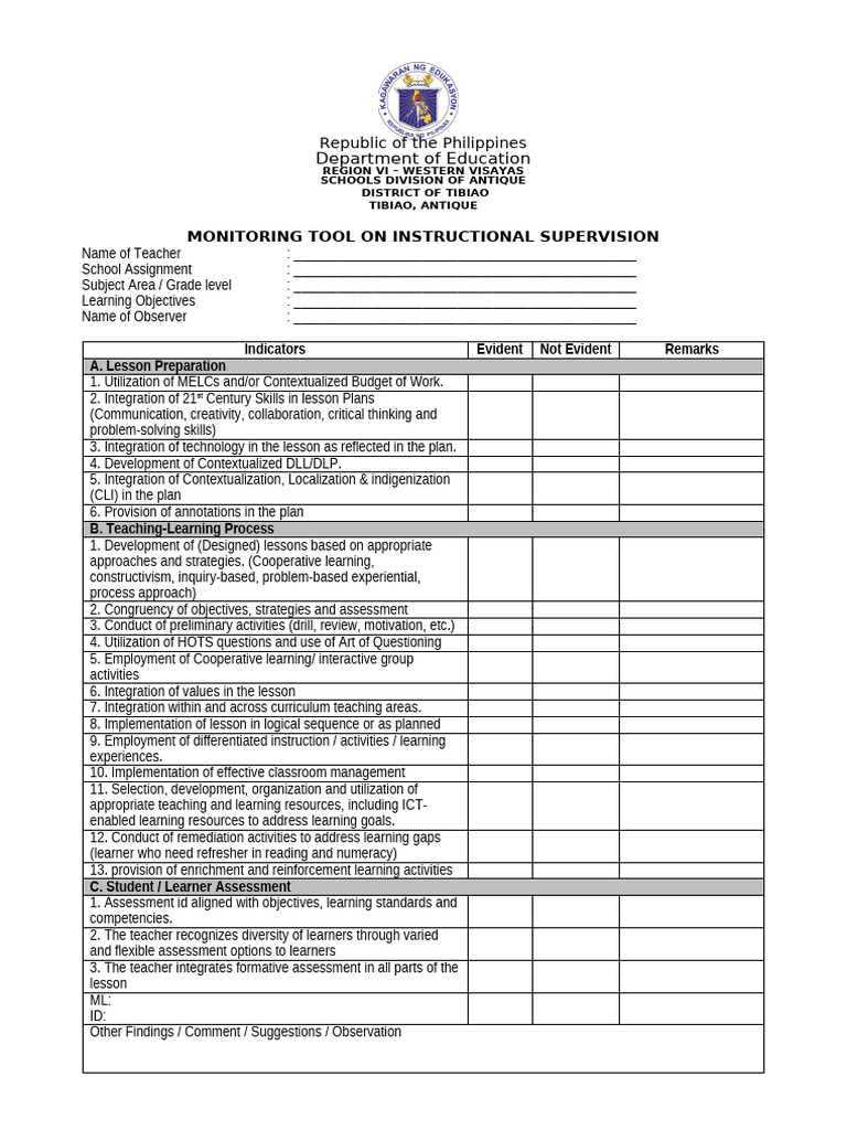 Localized INSTRUCTIONAL SUPERVISION TOOL | PDF | Educational Assessment ...