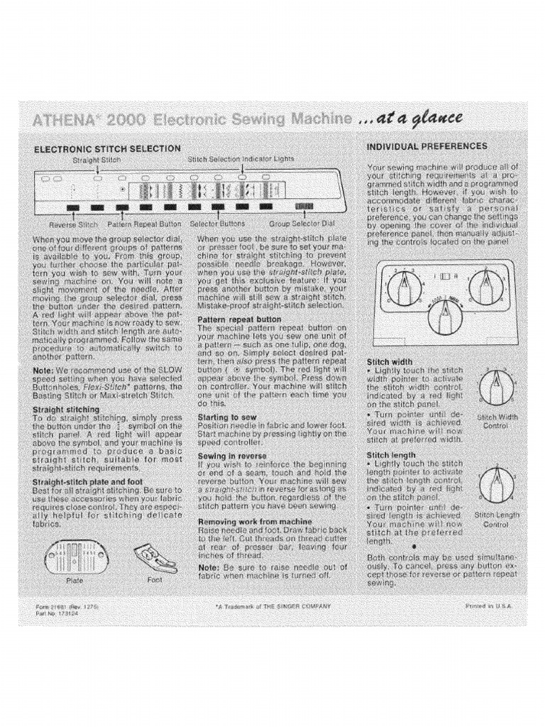 Singer Athena 2000 Instruction Manual 121399 | PDF | Sewing | Textile Arts