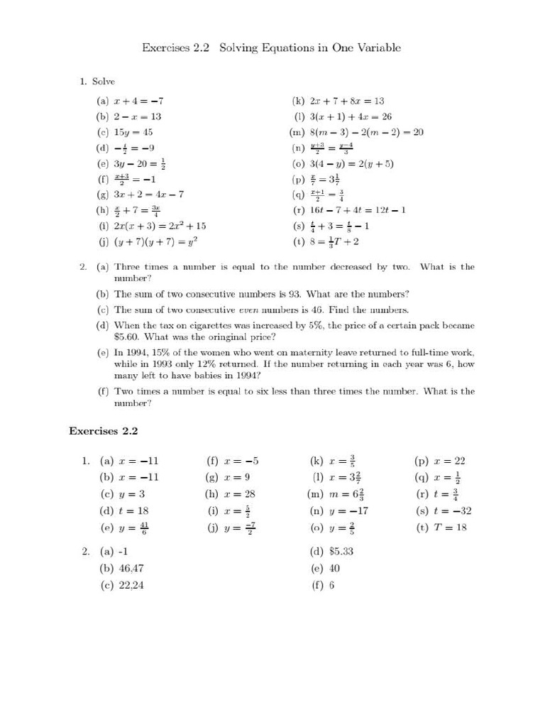 Exercises One Variable Equation | PDF