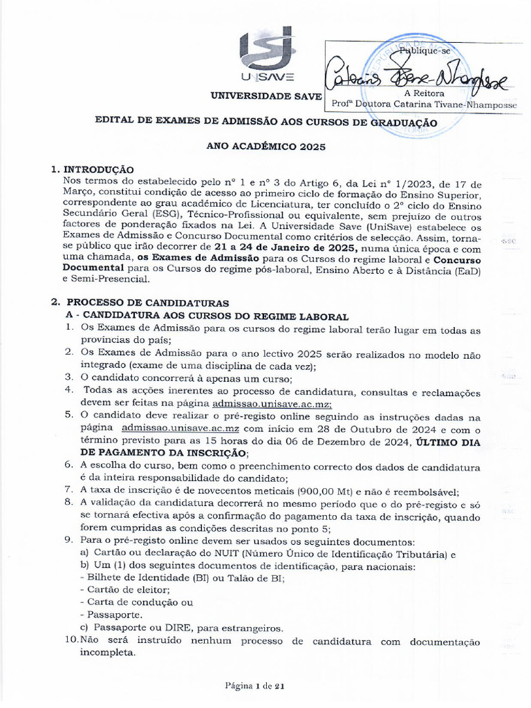 Edital de Exames de Admissão UniSave 2025 | PDF
