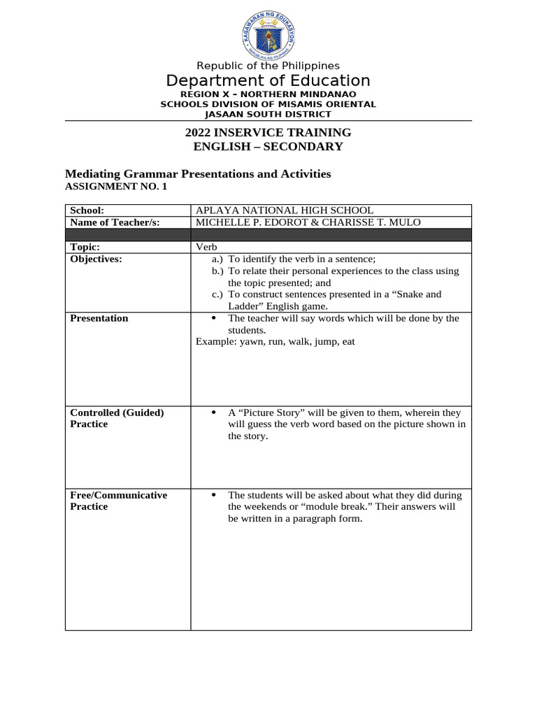 Aplaya National High School English Training | PDF | Grammatical Tense ...