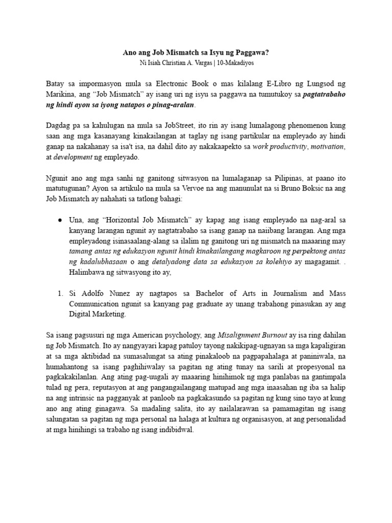 Araling Panlipunan - Job Mismatch | PDF